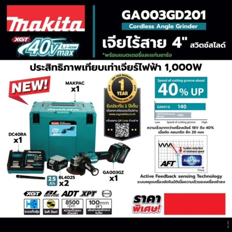 ชุดเครื่องเจียร์ไร้สาย (ลูกหมูไร้สาย) MAKITA รุ่น GA003GD201 ขนาด 4 ... ชุดเครื่องเจียร์ไร้สาย (ลูกหมูไร้สาย) MAKITA รุ่น GA003GD201 ขนาด 4 ...