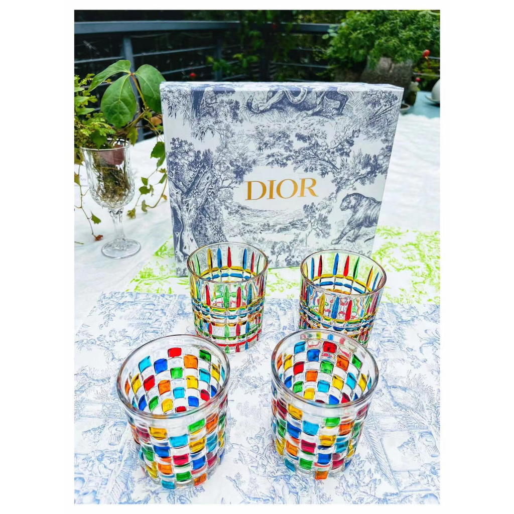 Dior pattern hand-drawn crystal cup, wine cup, coffee cup, 4-piece gift ...