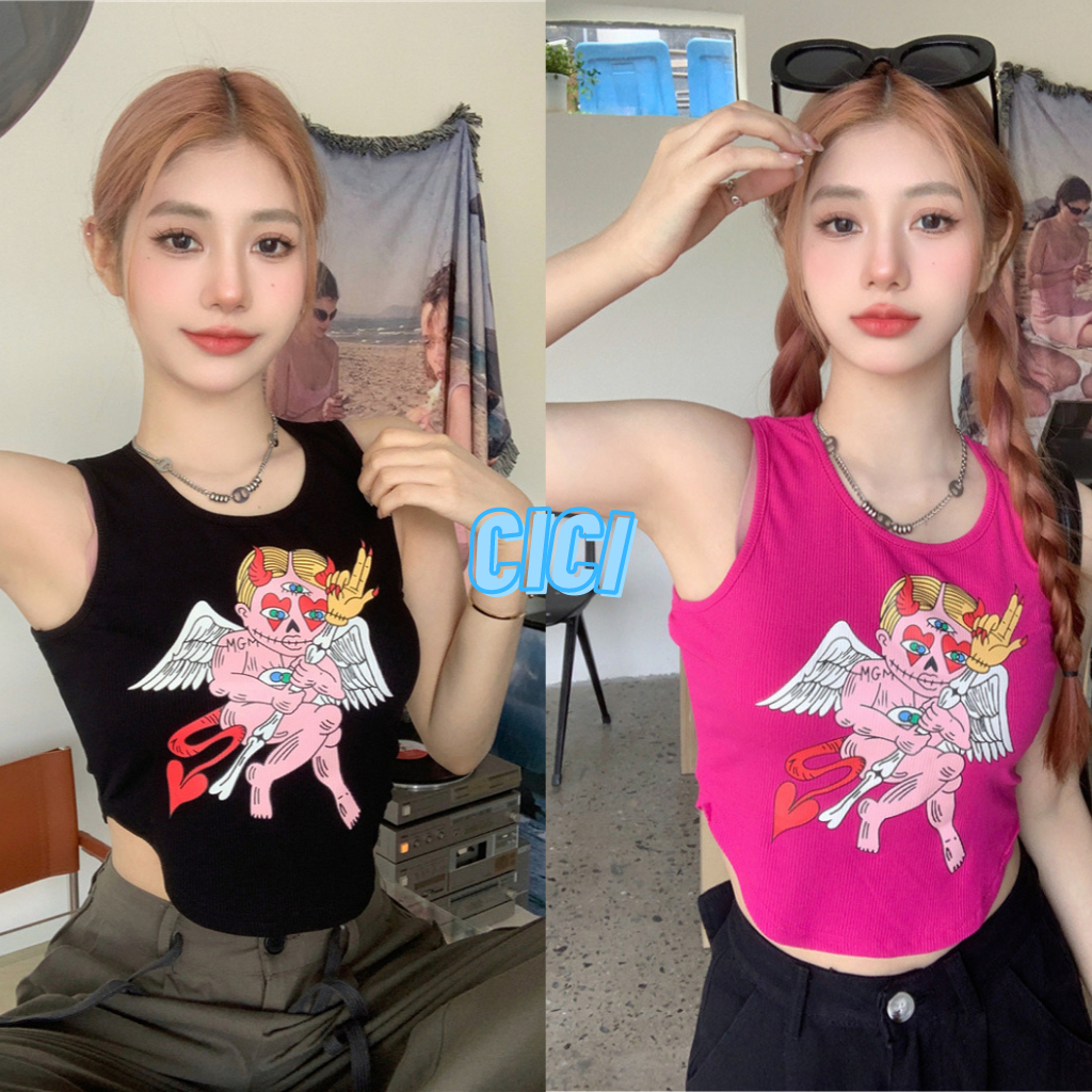 Cici(NO. 1562)เสื้อกล้ามยืดไหมพรมผ้าร่อง กรีนลายการ์ตูนชายโค้งสไลต์Y2K | Shopee Thailand