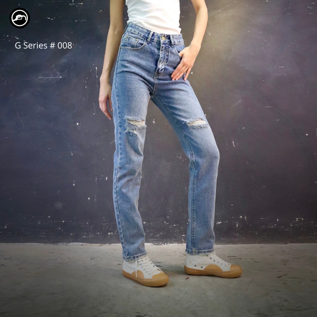 G008 (G) กางเกงยีนส์ผู้หญิง ทรงกระบอกเล็ก เอวสูง Lady Jeans Straight Cropped (Gasoline & Garage ...