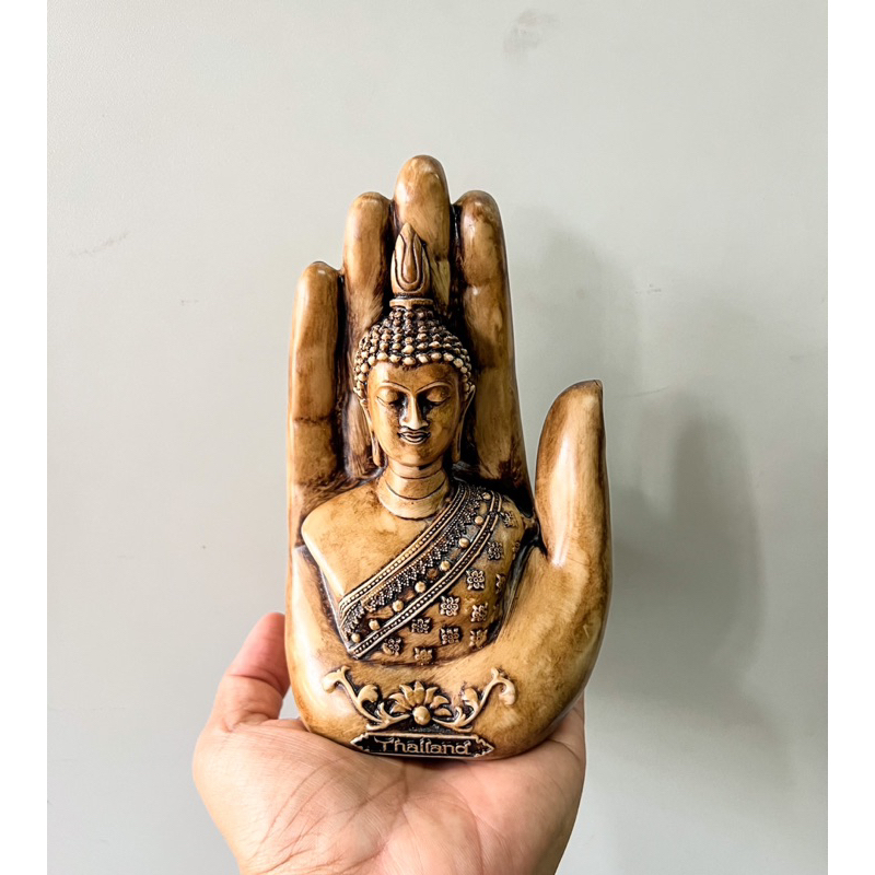 Hand Buddha Statue. Buddha. พระพุทธรูป. รูปปั้นพระในฝ่ามือ สีน้ำตาล ...