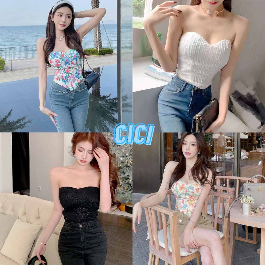 Cici(NO. 9035)เกาะอกลายดอกไม้/สีพื้น อกทรงหัวใจ ชายเสื้อแต่งโค้งสวยสุดๆงานสวยแซ่บ | Shopee Thailand