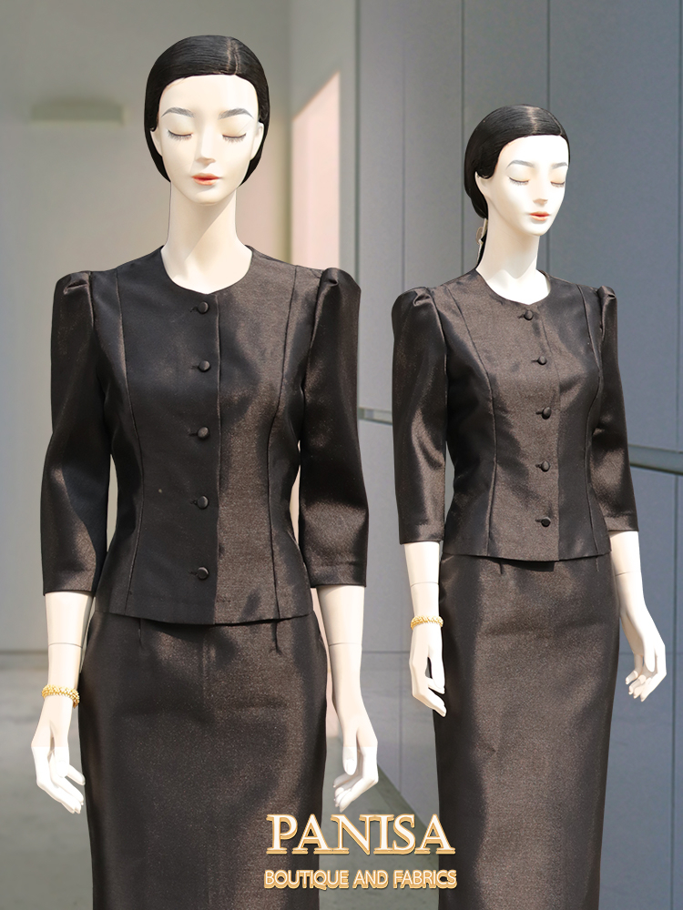 [PANISA] ชุดไทยเรือดนต้นสีดำ ผลิตจากผ้าไหมเทียม | Shopee Thailand