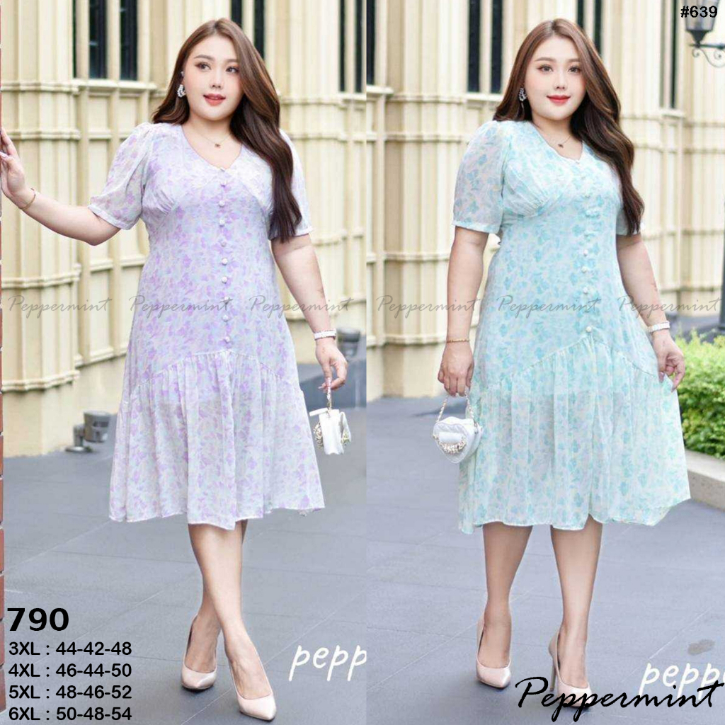 เดรสสาวอวบ มีไซส์40-50 ทรงชายระบาย ผ้าชีฟองลายดอก Peppermint PlusSize (639) | Shopee Thailand
