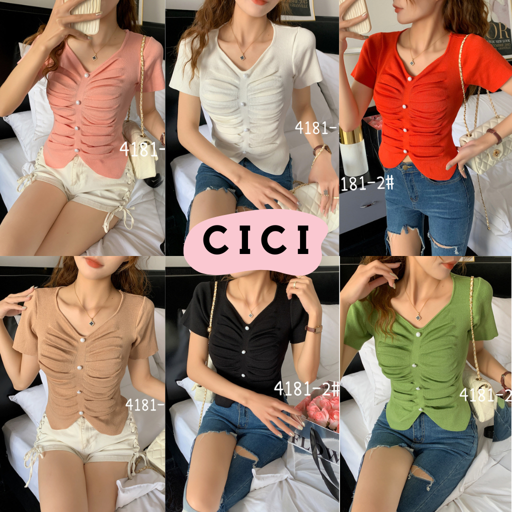 Cici(NO.4181-2)เสื้อไหมพรมแขนสั้นคอวี ดีเทลเย็บฟองหน้าแต่งกระดุมหน้าสวยปัง | Shopee Thailand