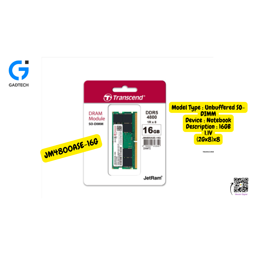 Transcend RAM-Memory DDR5-4800 SO-DIMM 16GB รับประกันตลอดอายุการใช้งาน ...