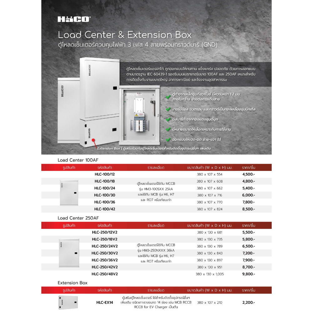 HACO ตู้โหลดเซนเตอร์ควบคุมไฟฟ้า 3 เฟส 4 สาย พร้อมกราวด์บาร์ (GND) Load ...