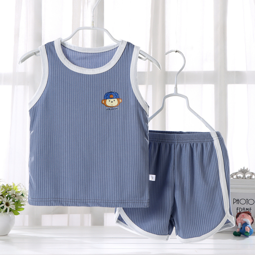 Babyonline(Y043)C2 ชุดเซ็ตเสื้อกล้ามกางเกงขาสั้นสำหรับเด็กลายการ์ตูนผ้า ...
