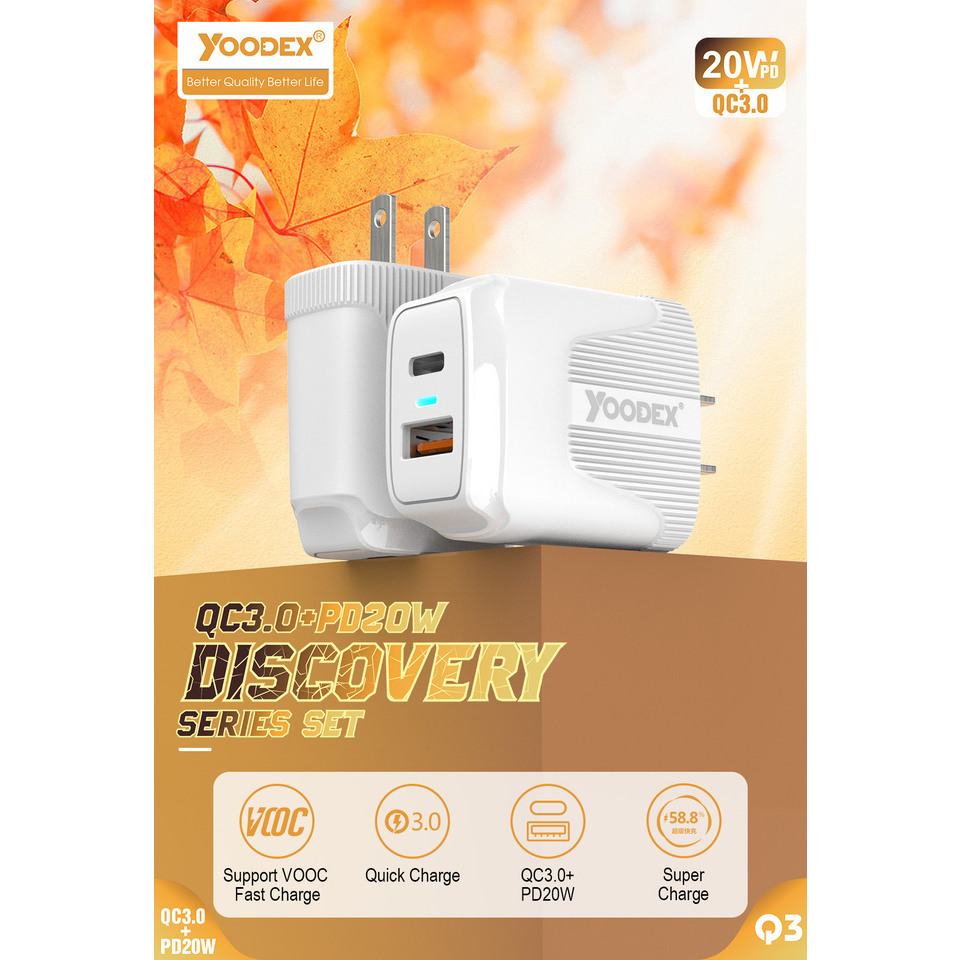 Yoodex Q3 20W 【รับประกัน 1 ปี】หัว PD+QC3.0 ส่งจากไทย 2 Output Fast Charge สายชาร์จ หัวชาร์จเร็ว ...