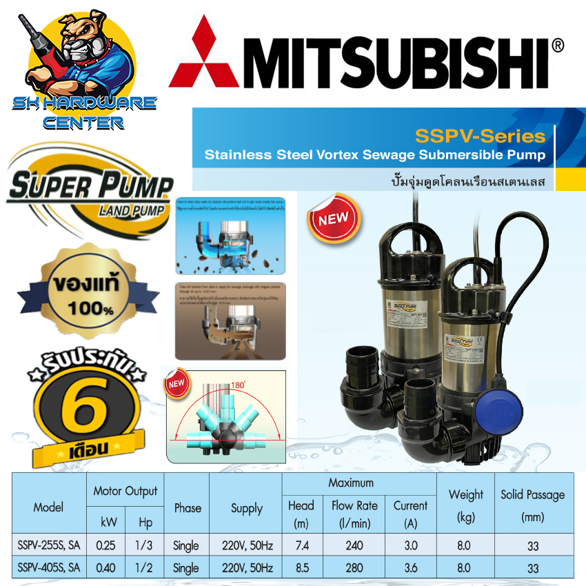 ปั้มน้ำไดโว่ ปั้มแช่ ชนิดดูดโคลน เรือนสเตนเลส มีขนาด/กำลัง 1.5นิ้ว/250 ...