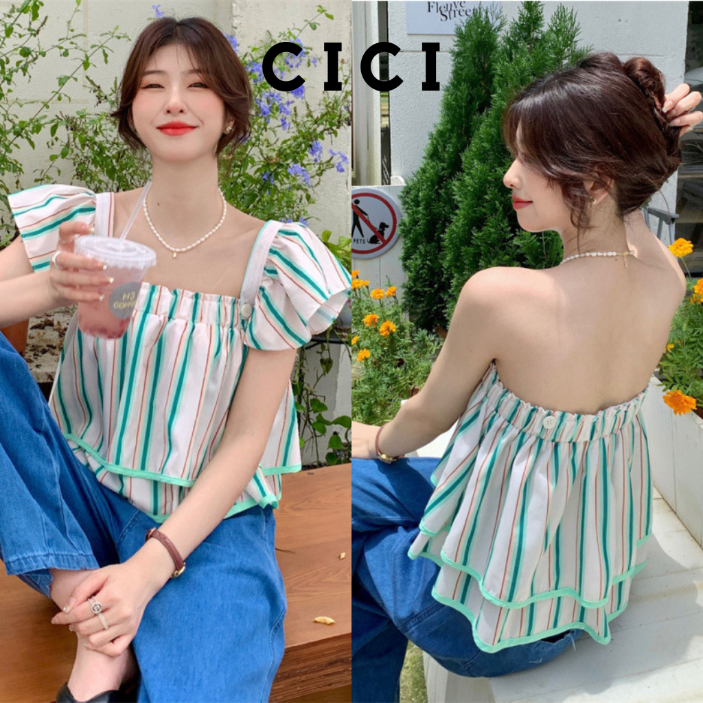 Cici(NO.K001)เสื้อครอปลายทางแขนถอดใส่ได้ใส่เป็นเกาะอกก็ได้ ใส่แบบไหนก็ปังน่ารักสุดๆ | Shopee ...