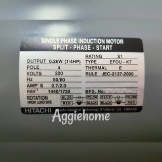 HITACHI มอเตอร์ไฟฟ้า 220V. รุ่น EFOU-KT 1/4HP 4P (1/4แรงม้า) 0.2kW./ ความเร็วรอบ 1440 รอบ/นาที ...