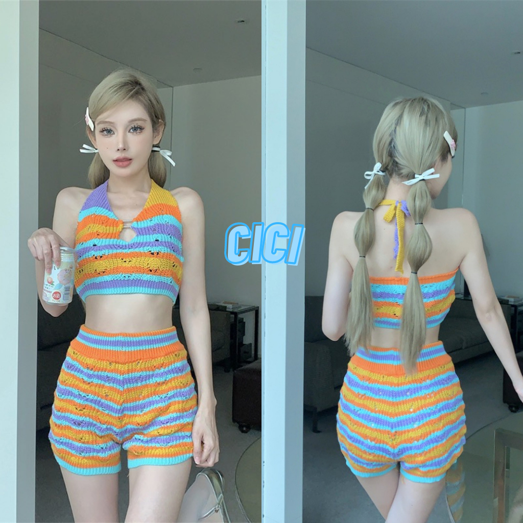 Cici(NO.2117)SET 2 ชิ้นเสื้อกล้าม+กางเกงขาสั้นไหมพรมknit ทอลายสลับลายทางน่ารักสีสันสดใสมาก ...