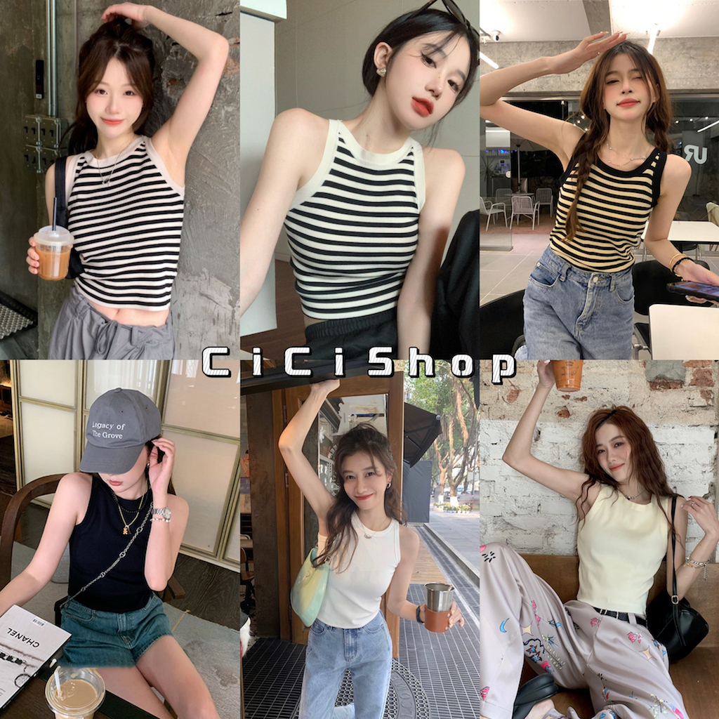Cicishop(25053)เสื้อกล้ามไหมพรมลายทาง/สีพื้นคอกลม ทรงเบสิคน่ารักแมทซ์ง่าย | Shopee Thailand