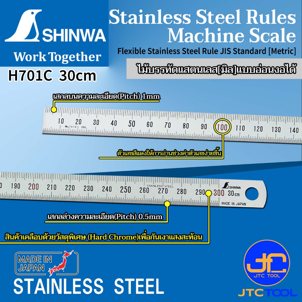 Shinwa ไม้บรรทัดแสตนเลสเฉพาะหน่วยมิลแบบอ่อนงอได้ - Flexible Stainless Steel Rule JIS Standard ...