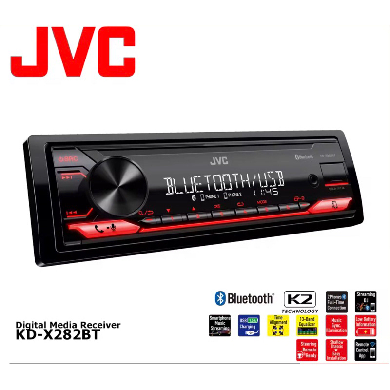 JVC KD-X282BT เครื่องเล่นติดรถยนต์ 1DIN NO CD พร้อมช่องต่อ USB/AUX ด้านหน้า มาพร้อมชุดสาย 1 ชุด ...