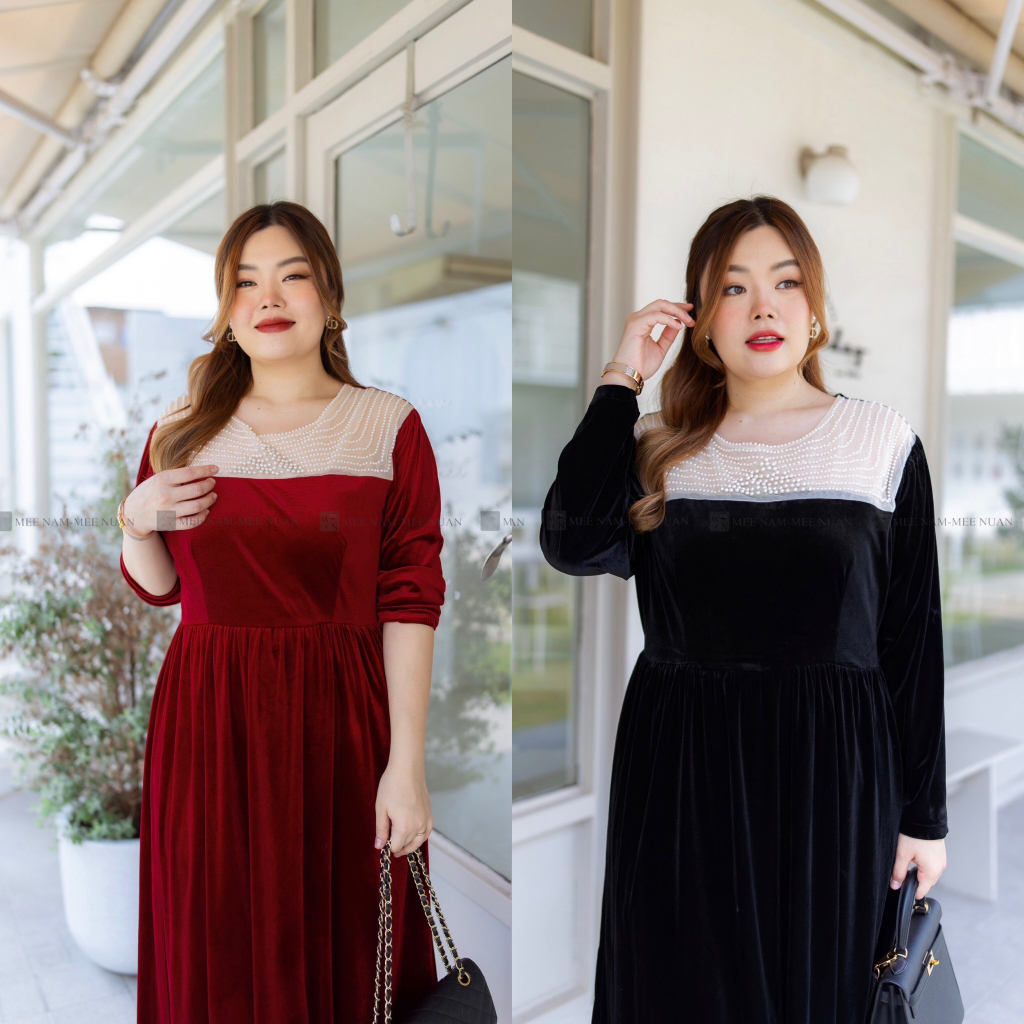 DR187 เดรสกำมะหยี่ลูกปัดมุก พลัสไซส์ Plussize fashion ชุดคนอ้วน แฟชั่นสาวอวบ | Shopee Thailand