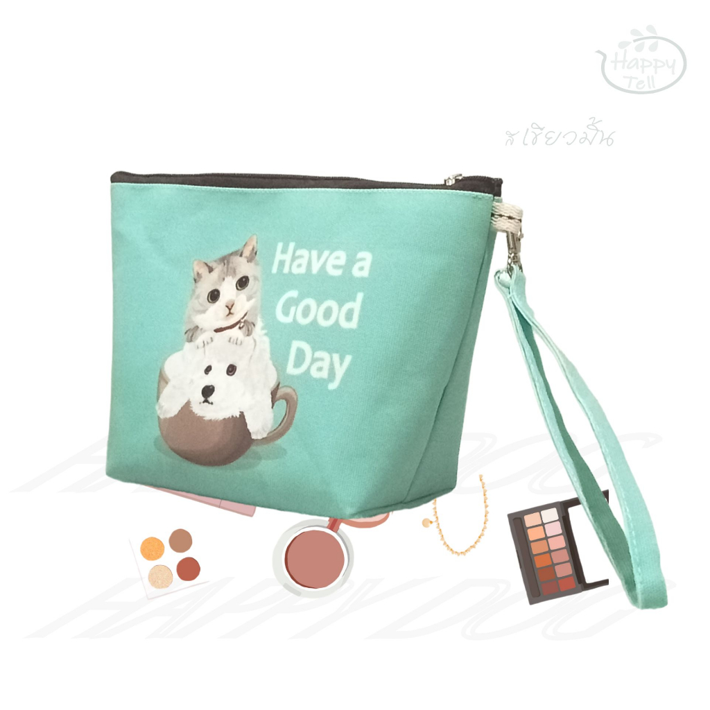 Happy Tell กระเป๋าเครื่องสำอางใบเล็ก มีสายคล้อง ผ้าแคนวาส Makeup Bag ...