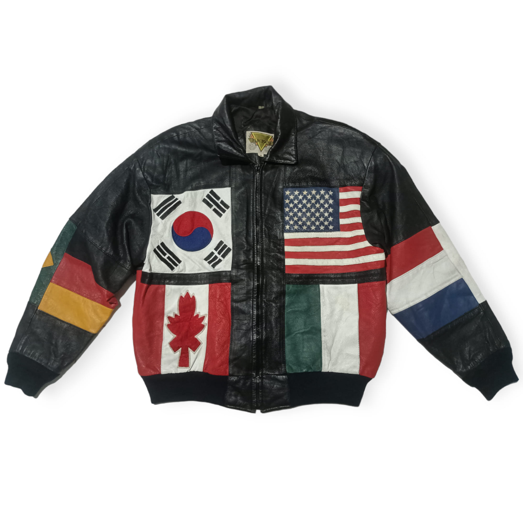 แจ็คเก็ต Vintage Leather International Flags Bomber Jacket อก 48 ไหล่ ...