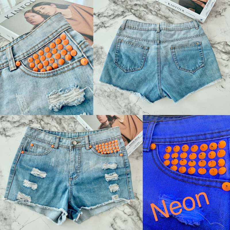 กางเกงยีนส์ขาสั้น สายปาร์ตี้ แต่งหมุดนีออน สวยมาก Neon 23/233 | Shopee ...