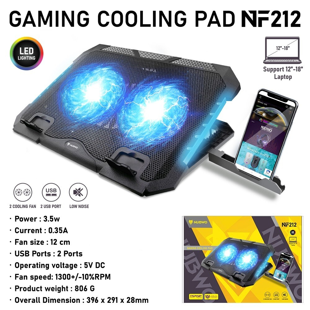Nubwo NF-212 พัดลมโน๊ตบุ๊ค พัดลมรองโน๊ตบุ๊ค Gaming Cooler pad พัดลมระบายความร้อนโน๊ตบุ๊ค ...