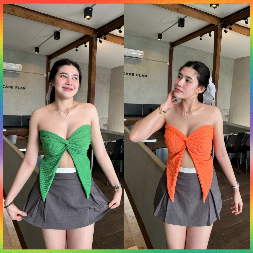 🌈 MesubShop 🌈เสื้อเกาะอก ทรงดีเทลช่วงอกบิด ผ้าเปลือกไม้ 🖍 สาวอกใหญ่ใส่ได้น้า ทรงชายสามเหลี่ยม ...