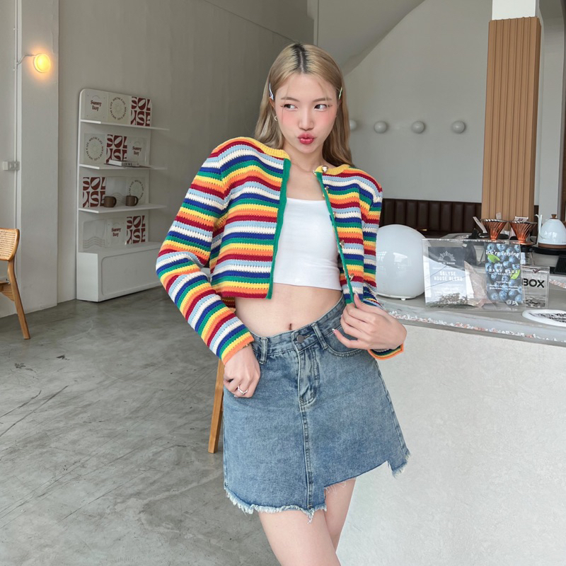 3pcs.basket "C2329" Rainbow Cardigan เสื้อคาดิแกนสีเรนโบว์🍭 | Shopee Thailand