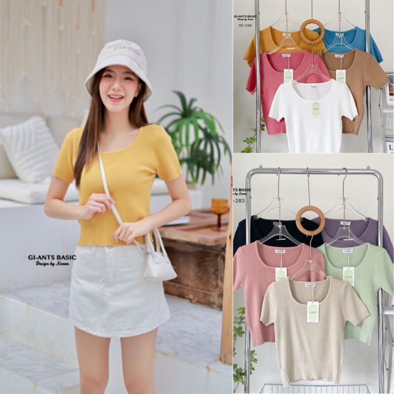 เสื้อยืดไหมพรม เสื้อยืดคอยูแขนสั้น งานป้าย GI-ANTS สีพื้น มีหลายสีให้เลือก | Shopee Thailand