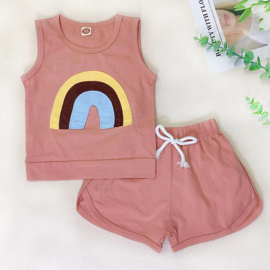 Babyonline(Y065)L6 ชุดเซ็ตเสื้อกล้ามกางเกงขาสั้นลายรุ้ง ผ้าฝ้าย100% ...