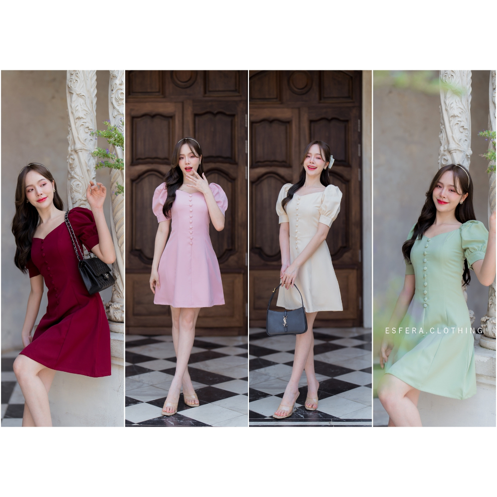 เดรสออกงาน ทำงาน ผ้าเปเป้เนื้อผ้าดี คอแต่งหยัก แขนป่องทรงตุ๊กตา จั๊มไหล่ DR039-2 | Shopee Thailand
