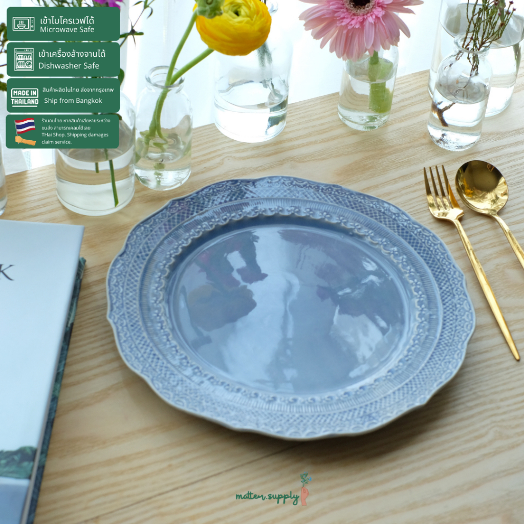 Jane plate เกรดB สีฟ้า เซรามิค จาน ลายวินเทจ อาหาร ผลไม้ ตกเเต่ง ขนม ...