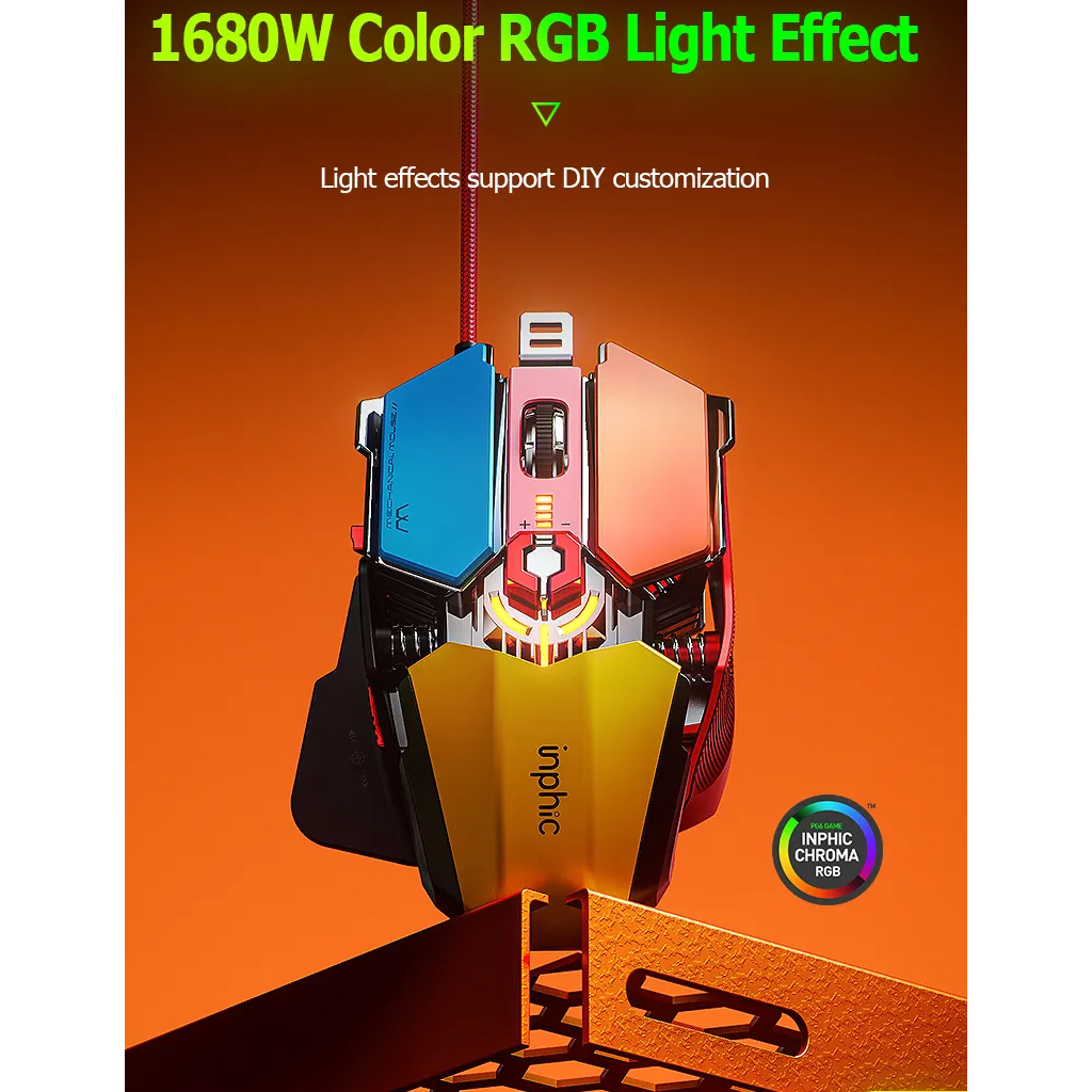 [ประกัน1ปี] เมาส์เกมมิ่งมาโคร Inphic PG6 LED เปลี่ยนสี เมาส์เกมส์ เมาส์เกม ปรับ DPI 12800 สายถัก ...