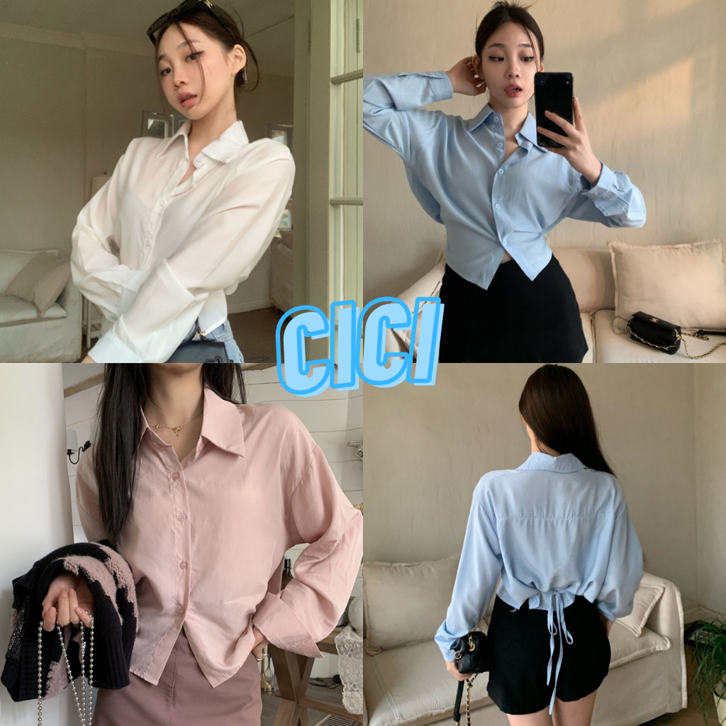 Cici(NO.3079)เสื้อเชิ้ตเเขนยาวคอปก เป็นทรงเข้ารูป ดีเทลผูกเชือกด้านหลัง | Shopee Thailand