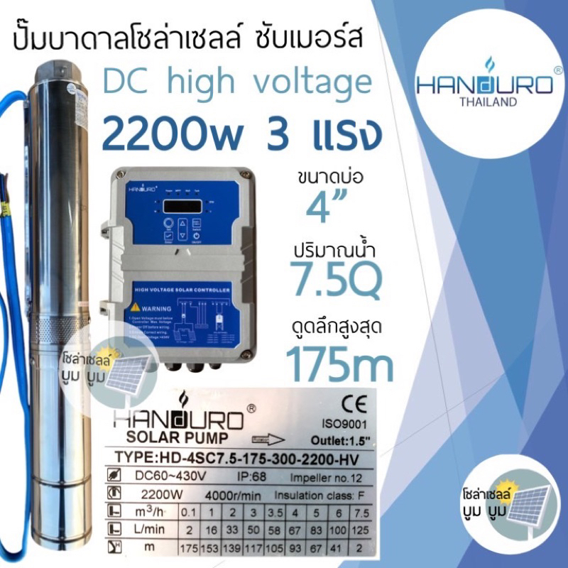 ปั๊มน้ำบาดาลโซล่าเซลล์ Handuro DC 300w 600w 750w 1100w 1500w 2200w HV ...