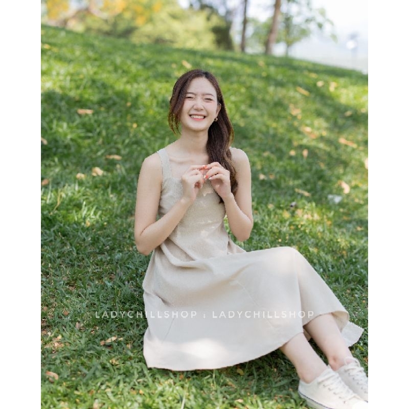 Smiley Dress เดรสมินิมอล เดรสสายเดี่ยวผ้าคอตตอนลินิน มีโบว์ด้านหลัง งาน ...