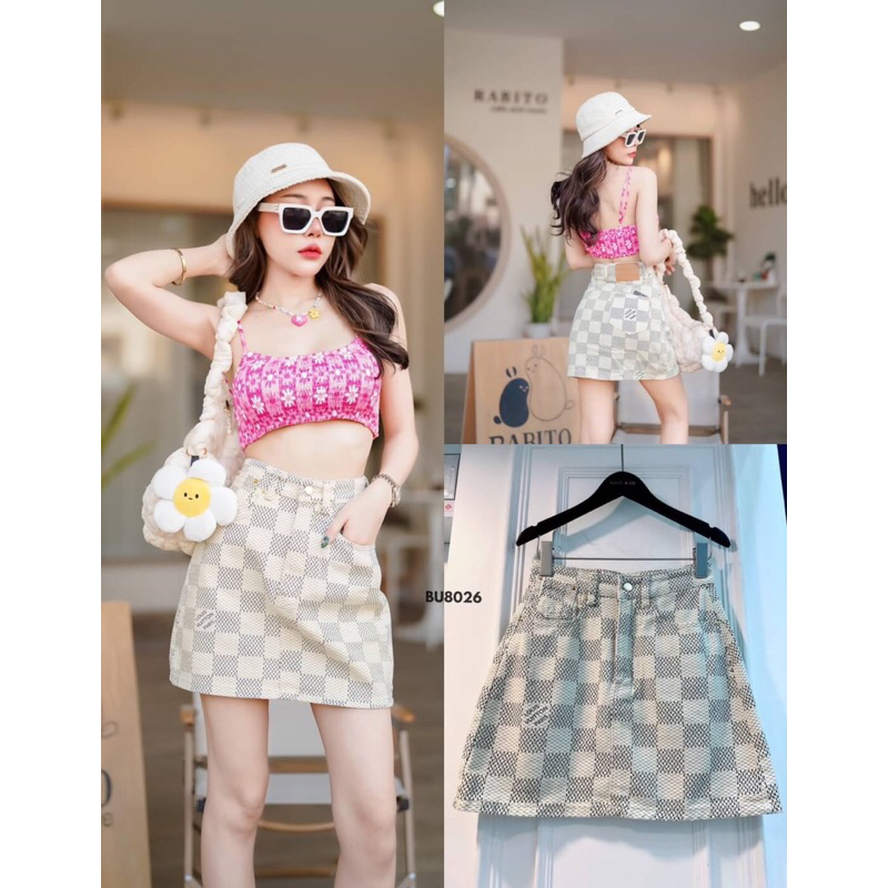 กระโปรงยีนส์สั้น ลายตาราง //เสื้อครอปสายเดี่ยวลายดอกสวยสุดๆ | Shopee ...
