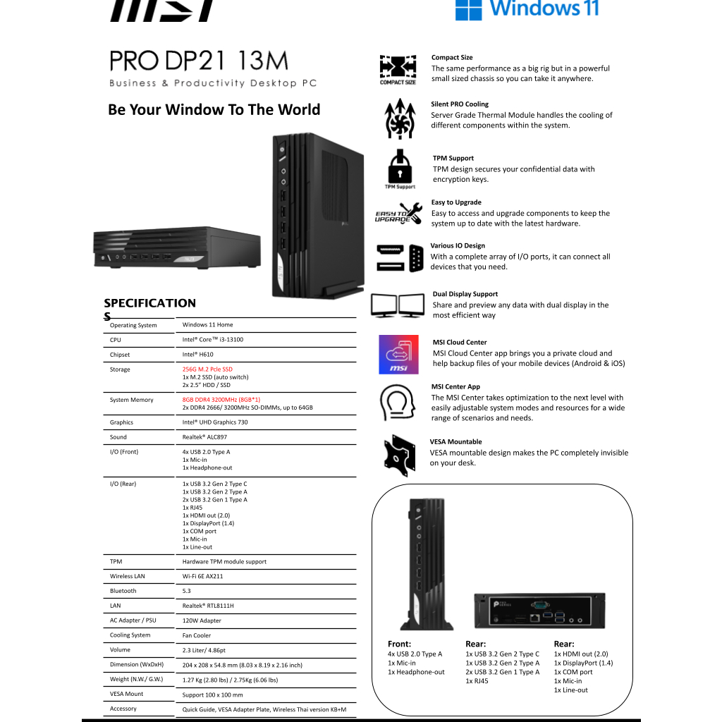 [Pre-Order] MSI PRO DP21 13M-611TH / PRO DP21 13M-612TH / PRO DP21 13M-613TH (Desktop, PRO ...