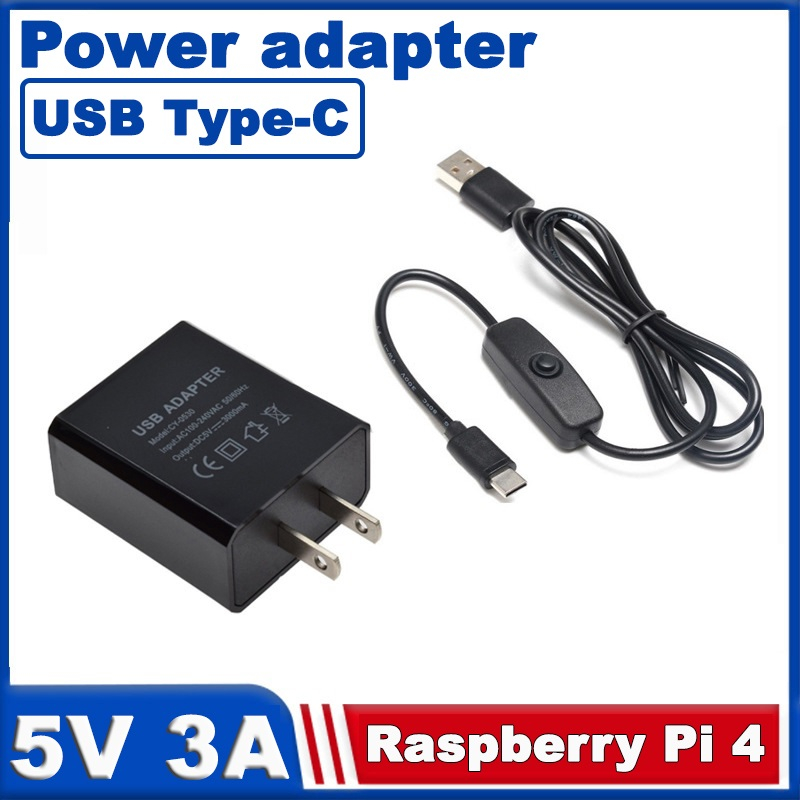 Raspberry Pi 4 Power Supply 5V 3A Type-C Switch Charger Cable US Plug USBC Wire Power Adapter ...