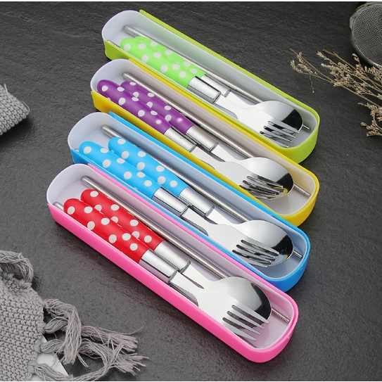 Topmall ช้อนส้อม(ด้ามลายจุด) สแตนเลส พร้อมกล่องเก็บ ชุดช้อนส้อมแบบพกพา **ไม่มีตะเกียบ** | Shopee ...