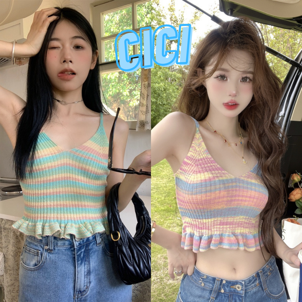 Cici(NO. A1067-3)เสื้อสายเดี่ยวไหมพรมคอวี ดีเทลชายระบายไล่สีแบบสาวเก๋ ต้องตำ | Shopee Thailand