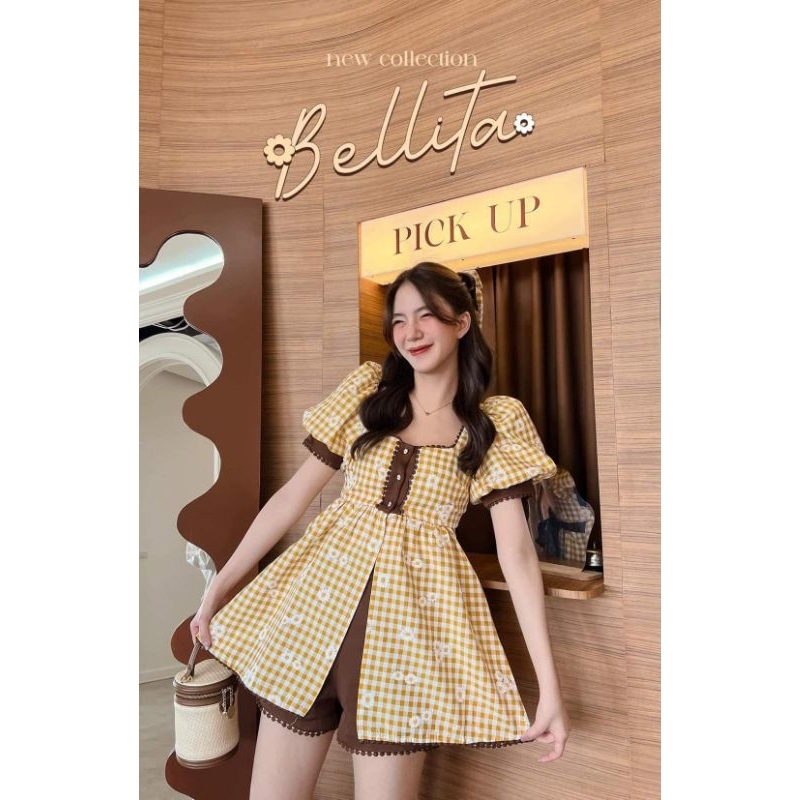 Bellita size S ชุด setเสื้อกางเกงลายดอกไม้สีเหลืองน้ำตาล | Shopee Thailand