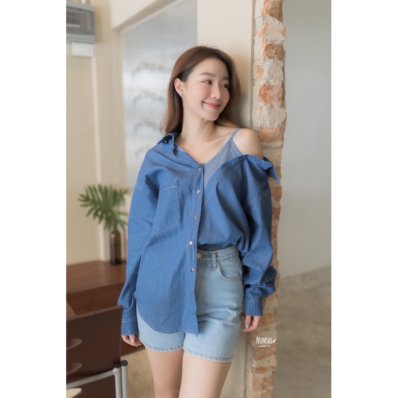 Numsha Brand เสื้อยีนส์สายเดี่ยวข้างเดียวลายทาง / NB22127 | Shopee Thailand