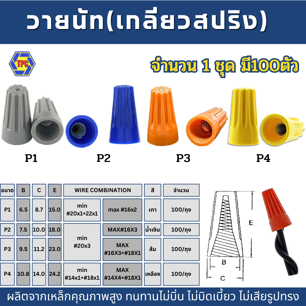 (100ตัว) วายนัทจับสาย เกลียวสปริง P1/P2/P3/P4 WIRE NUT | Shopee Thailand