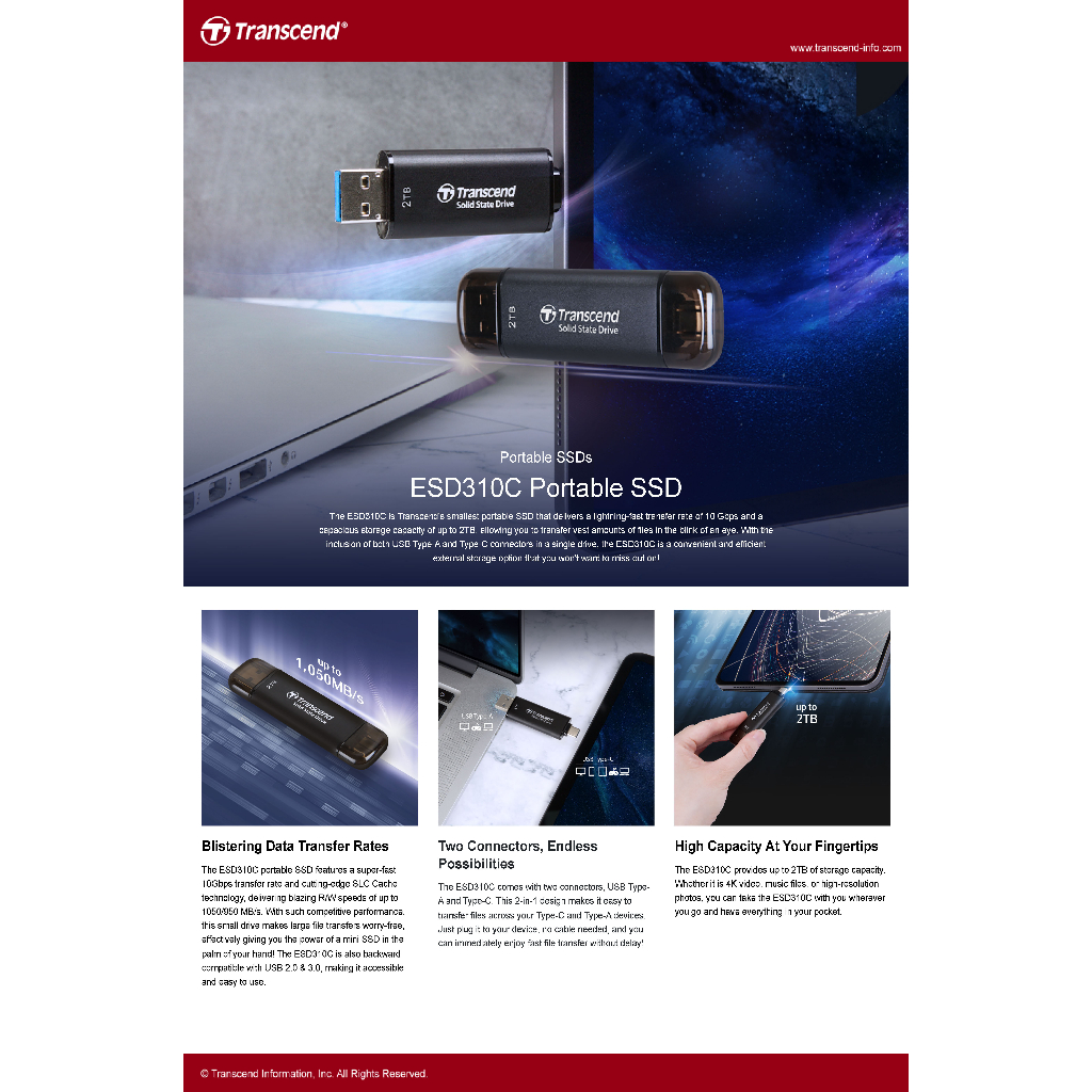 Transcend External SSD smallest 2TB : ESD310C : Type-A and Type-C ...