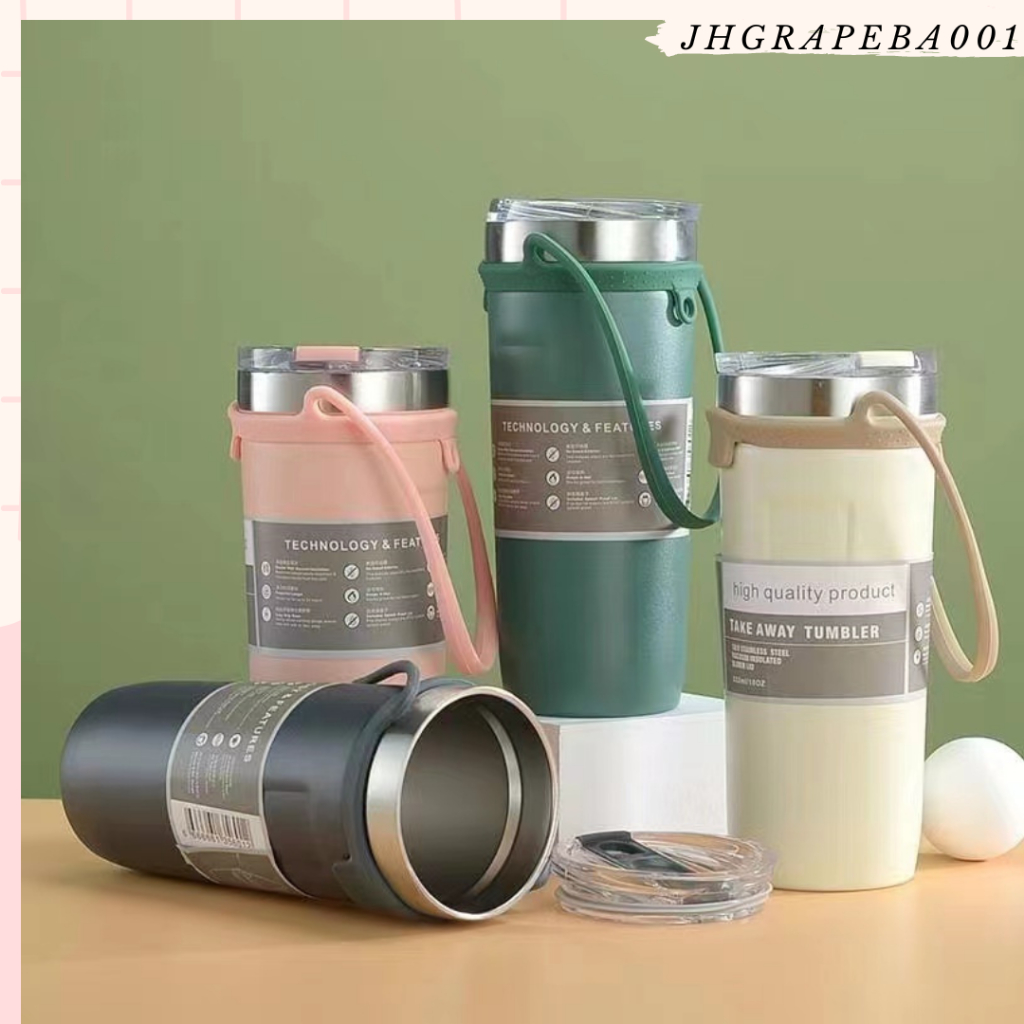 แก้วเก็บอุณหภูมิ เก็บเย็น-ร้อนได้นาน ไม่มีไอน้ำเกาะ สแตนเลสแท้304 ขนาด 550ml / 710ml สายหูหิ้ว ...