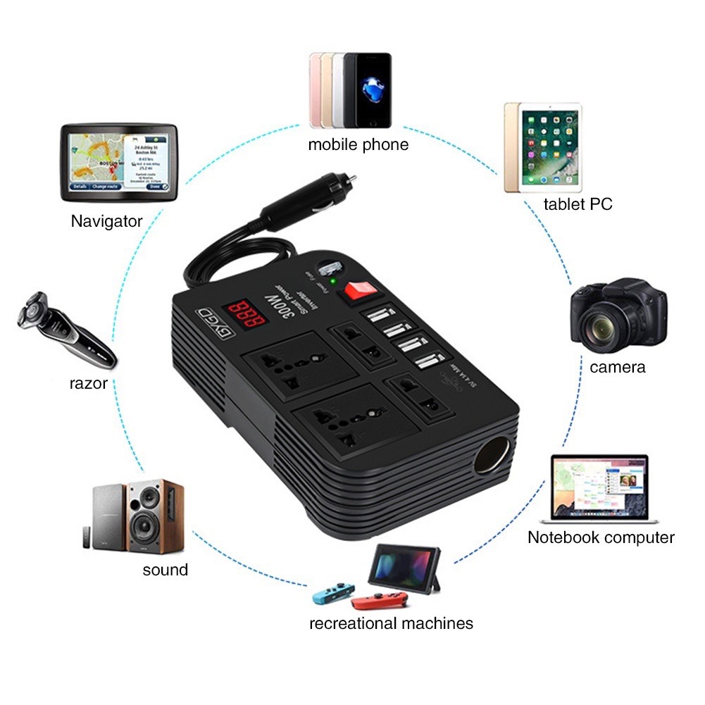 300W ปลั๊กจุดบุหรี่ Smart Power Inverter DC 12V to AC 220V 50Hz w/4 USB ...