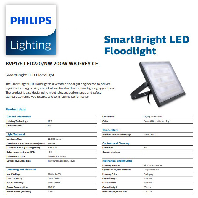 Philips Floodlight LED BVP176 ฟลัดไลท์ 200W แสงขาวนวล ใช้ภายนอก IP65 ...