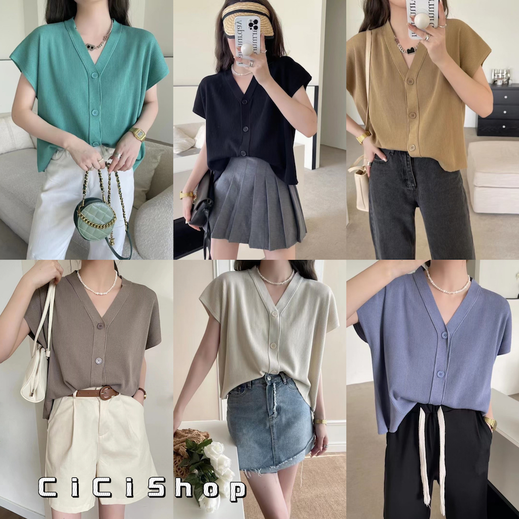 Cicishop(M1810)เสื้อแขนกุดไหมพรม คอวีกระดุมหน้าผ้าร่อง ผ้าถัก สไตล์ ...