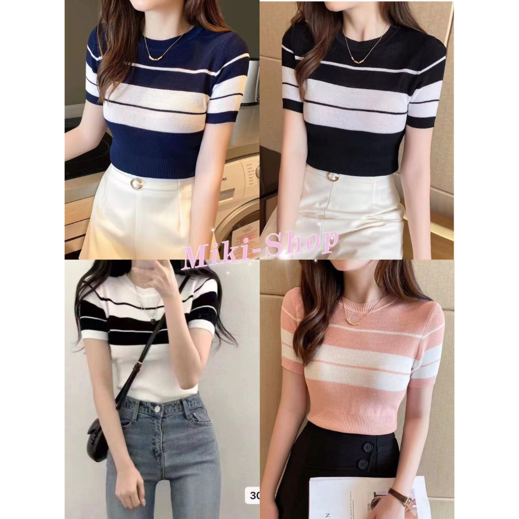 MiKi-SHOP*💕(พร้อมส่ง)เสื้อยืดไหมพรม* อย่างดี แขนสั้น* ลายทาง3071 ...