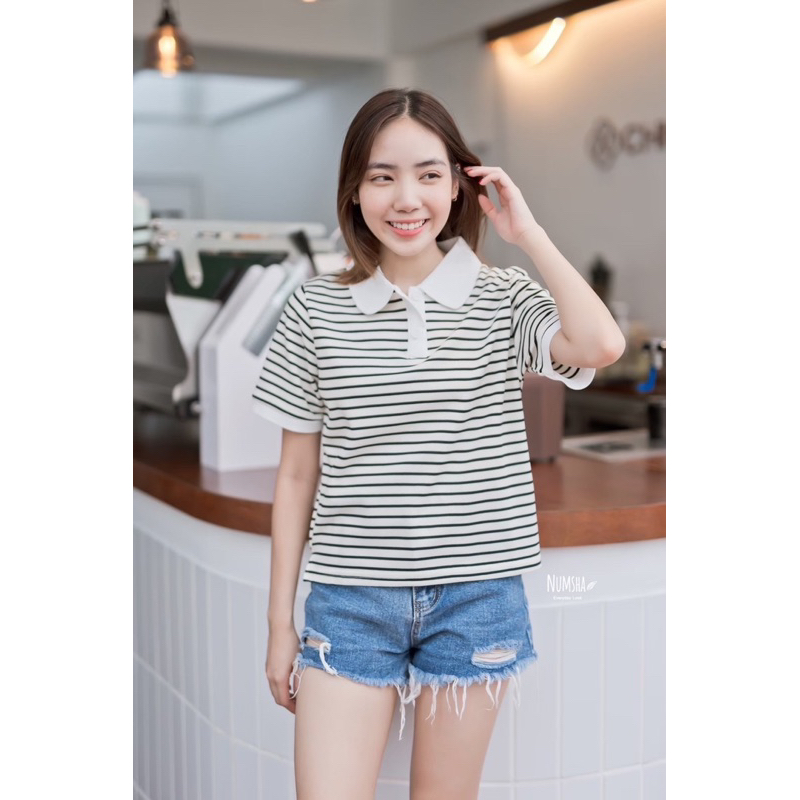 Numsha Brand เสื้อลายทางแขนสั้น (2023) | Shopee Thailand